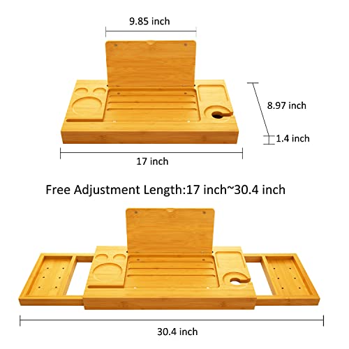 Premium Bamboo Bath Tray Table,Bathtub Caddy Table with Book Wine Phone Holder,Expandable Bathtub Tray with 2 Sliding Trays