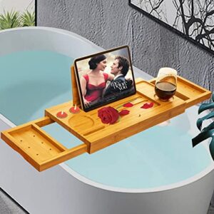 Premium Bamboo Bath Tray Table,Bathtub Caddy Table with Book Wine Phone Holder,Expandable Bathtub Tray with 2 Sliding Trays