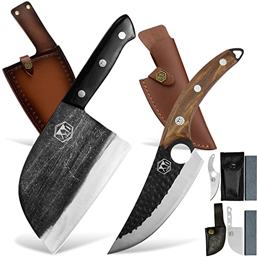 XYJ Handmade Forged Chef Butcher Knife High Carbon Stainless Steel Meat Cleaver Boning Knife With Leather Sheath Full Tang Handle For Kitchen Camping or BBQ