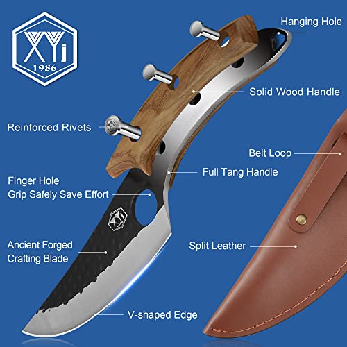 XYJ Handmade Forged Chef Butcher Knife High Carbon Stainless Steel Meat Cleaver Boning Knife With Leather Sheath Full Tang Handle For Kitchen Camping or BBQ