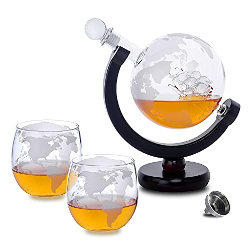 Whiskey Decanter Globe Set with 2 Etched Whisky Glasse