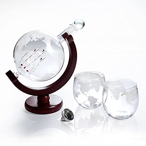 Whiskey Decanter Globe Set with 2 Etched Whisky Glasse