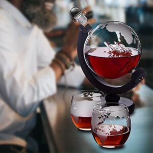 Whiskey Decanter Globe Set with 2 Etched Whisky Glasse