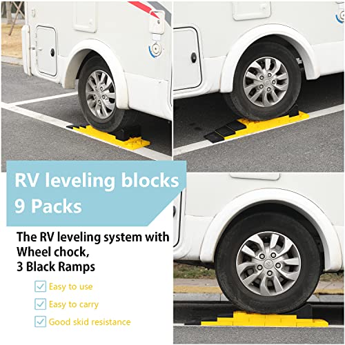 Homeon Wheels RV Leveling Blocks Ramp Design 9 Pack Interlocking Leveling Blocks with One Wheel Chock Camper Leveling Blocks with Carrying Bag