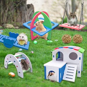 Sfcddtlg 7PCS Rainbow Hamster Toys-Dwarf Hamsters House-Wooden Gerbil Hideout Bridge Swing and Seesaw for Small Animal Gerbil Hamster Hedgehog(7PCS)