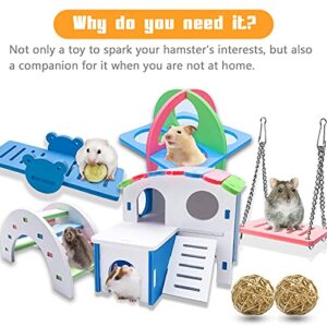 Sfcddtlg 7PCS Rainbow Hamster Toys-Dwarf Hamsters House-Wooden Gerbil Hideout Bridge Swing and Seesaw for Small Animal Gerbil Hamster Hedgehog(7PCS)