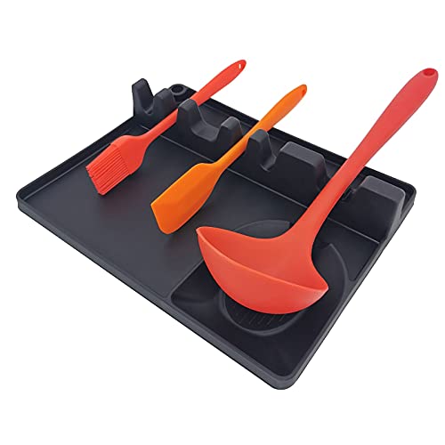 DflowerK Silicone Spoon Rest Utensil Rest with Drip Pad 5 Slotted & 1 Spoon Holder for Kitchen Counter Stove Top Heat Resistant Large 10.3" X 8" (Night Black)