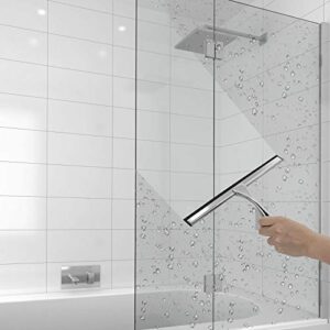 Abealv Shower Squeegee Stainless Steel Window Squeegees Non-Slip Bathroom Scraper Glass Shower Door Squeegee All-Purpose Car Wiper for Windows Kitchen and Mirror with 2 Matching Hooks Holder (10 inch)