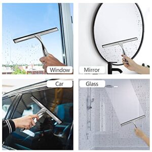 Abealv Shower Squeegee Stainless Steel Window Squeegees Non-Slip Bathroom Scraper Glass Shower Door Squeegee All-Purpose Car Wiper for Windows Kitchen and Mirror with 2 Matching Hooks Holder (10 inch)