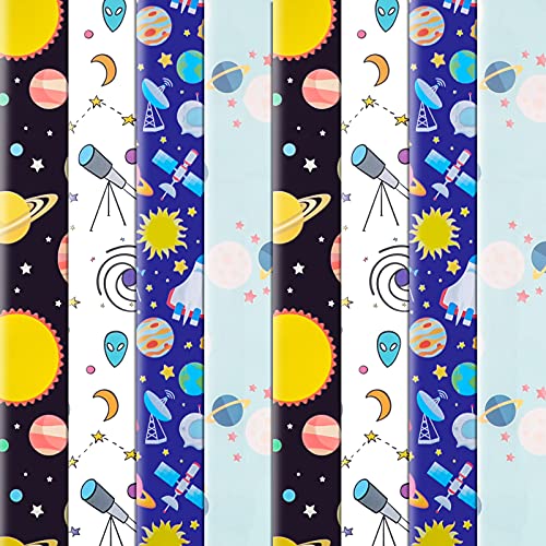 Konsait Space Wrapping Paper, Blue White Navy Bulk Packaging Paper Assortment for Birthday Party Favors Holiday Decoration DIY Crafts Supplies, 8 Sheet 27.6" x 20" Outer Rocket Gift Wrapping Paper