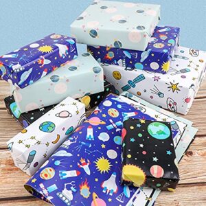 Konsait Space Wrapping Paper, Blue White Navy Bulk Packaging Paper Assortment for Birthday Party Favors Holiday Decoration DIY Crafts Supplies, 8 Sheet 27.6" x 20" Outer Rocket Gift Wrapping Paper