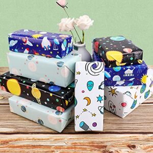 Konsait Space Wrapping Paper, Blue White Navy Bulk Packaging Paper Assortment for Birthday Party Favors Holiday Decoration DIY Crafts Supplies, 8 Sheet 27.6" x 20" Outer Rocket Gift Wrapping Paper