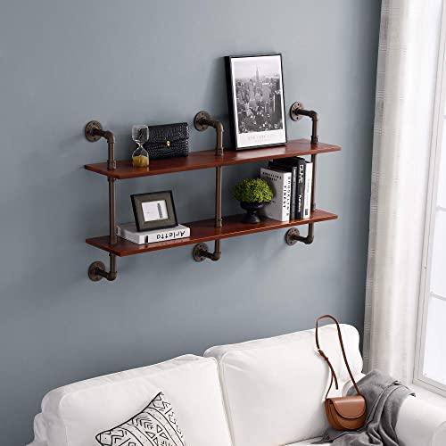 ivinta Industrial Pipe Shelves with Wood 2-Tiers, Rustic Wall Mount Shelf, Metal Hung Bracket Bookshelf, DIY Storage Shelving Floating Shelves