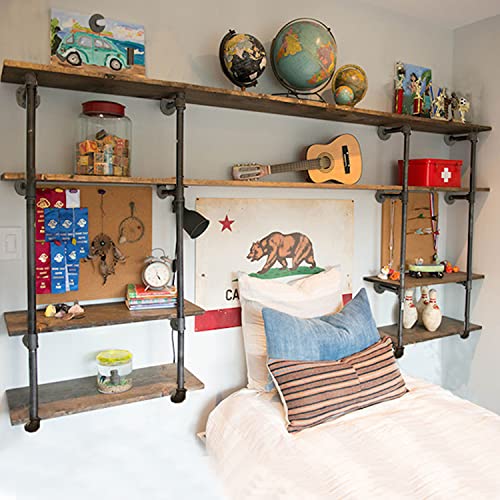 Melody House Industrial Pipe Shelving Wall Mounted Rustic Floating Shelves Iron Shelves for Wall DIY Bookshelf Brackets for Home Kitchen Office (4 Tier, 2 Pcs, 37” Tall, 12” Deep)