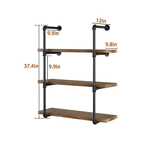 Melody House Industrial Pipe Shelving Wall Mounted Rustic Floating Shelves Iron Shelves for Wall DIY Bookshelf Brackets for Home Kitchen Office (4 Tier, 2 Pcs, 37” Tall, 12” Deep)