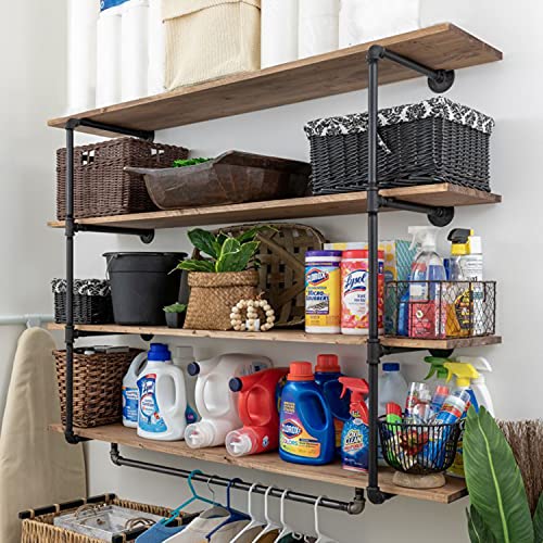 Melody House Industrial Pipe Shelving Wall Mounted Rustic Floating Shelves Iron Shelves for Wall DIY Bookshelf Brackets for Home Kitchen Office (4 Tier, 2 Pcs, 37” Tall, 12” Deep)