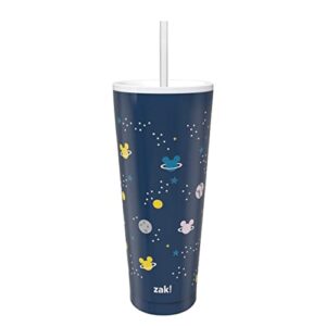 zak designs disney mickey mouse vacuum insulated stainless steel travel tumbler with splash-proof lid, includes reusable plastic straw and fits in car cup holders (18/8 ss, 25 oz, space)