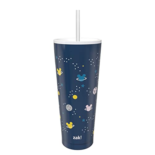 Zak Designs Disney Mickey Mouse Vacuum Insulated Stainless Steel Travel Tumbler with Splash-Proof Lid, Includes Reusable Plastic Straw and Fits in Car Cup Holders (18/8 SS, 25 oz, Space)