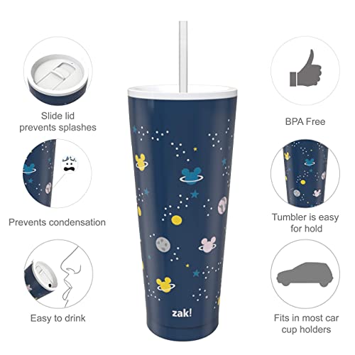 Zak Designs Disney Mickey Mouse Vacuum Insulated Stainless Steel Travel Tumbler with Splash-Proof Lid, Includes Reusable Plastic Straw and Fits in Car Cup Holders (18/8 SS, 25 oz, Space)