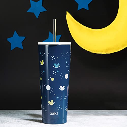 Zak Designs Disney Mickey Mouse Vacuum Insulated Stainless Steel Travel Tumbler with Splash-Proof Lid, Includes Reusable Plastic Straw and Fits in Car Cup Holders (18/8 SS, 25 oz, Space)