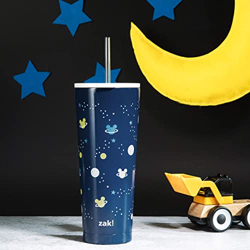 Zak Designs Disney Mickey Mouse Vacuum Insulated Stainless Steel Travel Tumbler with Splash-Proof Lid, Includes Reusable Plastic Straw and Fits in Car Cup Holders (18/8 SS, 25 oz, Space)