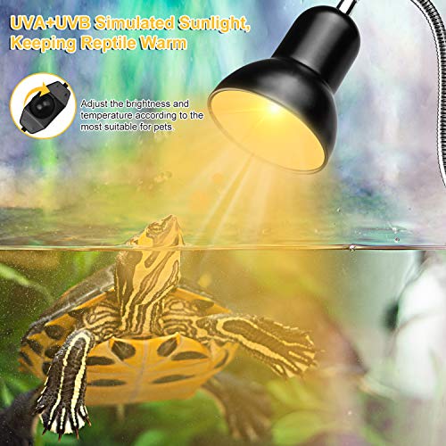 Reptile Heat Lamps, Turtle Lamp UVA/UVB Turtle Aquarium Tank Heating Lamps with Clamp, 360° Rotatable Basking Lamp for Lizard Turtle Snake Aquarium Aquatic Plants with 2 Heat Bulbs (E27,110V)