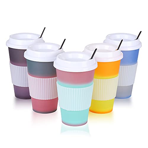 Reusable Color Changing Tumbler Coffee Cups - 5 Pcs 16oz Plastic Tumblers Cup with Lids For Hot Drink - Durable & Splash-Proof Water Travel Cup to Go Coffee Cup