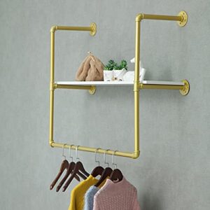 Industrial Pipe Wall Mounted Garment Rack with Top Shelf, Detachable Pipe Clothes Rack, Space-Saving Hanging Bar, Detachable Multi-Purpose Rod for Closet Storage, Gold, 39.3x10 Inches