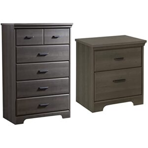 south shore versa collection 5-drawer dresser, gray maple with antique handles & versa 2-drawer nightstand, gray maple