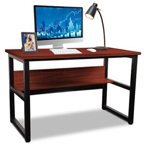 halter computer desk with storage office desk with shelves for home or office computer desk with shelves for pc monitor desktop gaming desk study desk cherry wood black metal frame 47 inches