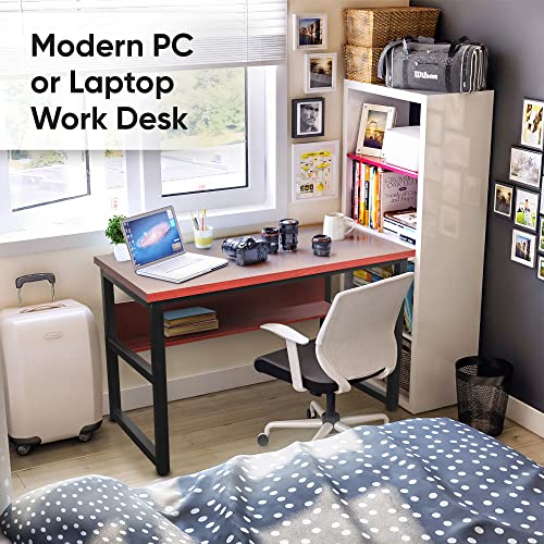 Halter Computer Desk with Storage Office Desk with Shelves for Home or Office Computer Desk with Shelves for PC Monitor Desktop Gaming Desk Study Desk Cherry Wood Black Metal Frame 47 Inches