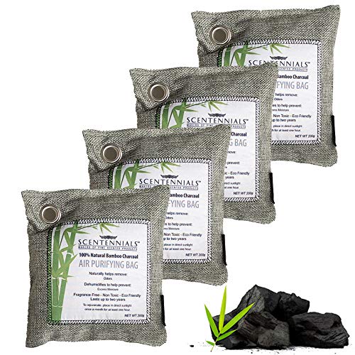 Scentennials Bamboo Charcoal Air Purifying Bag, Activated Charcoal Bags Odor Absorber, Moisture Absorber, Natural Car Air Freshener, Shoe Deodorizer, Odor Eliminators For Home, Pet, Closet (4X200g)