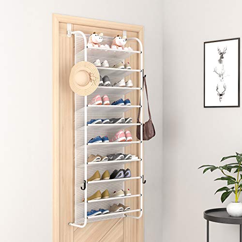 FKUO 10-Tier Over The Door Shoe Organizer Hanging Shoe Storage with 2 Customized Strong Metal Hooks for Closet Pantry Kitchen Accessory - Space Saving Solution (10 Layer, White&Hooks)