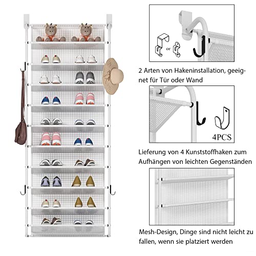 FKUO 10-Tier Over The Door Shoe Organizer Hanging Shoe Storage with 2 Customized Strong Metal Hooks for Closet Pantry Kitchen Accessory - Space Saving Solution (10 Layer, White&Hooks)