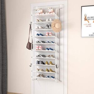 FKUO 10-Tier Over The Door Shoe Organizer Hanging Shoe Storage with 2 Customized Strong Metal Hooks for Closet Pantry Kitchen Accessory - Space Saving Solution (10 Layer, White&Hooks)