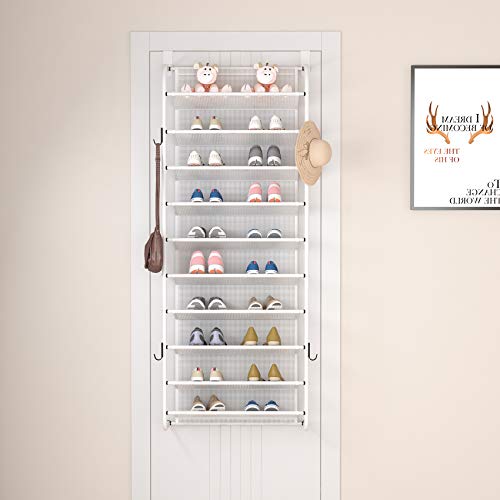 FKUO 10-Tier Over The Door Shoe Organizer Hanging Shoe Storage with 2 Customized Strong Metal Hooks for Closet Pantry Kitchen Accessory - Space Saving Solution (10 Layer, White&Hooks)