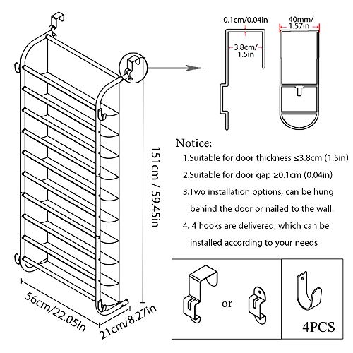 FKUO 10-Tier Over The Door Shoe Organizer Hanging Shoe Storage with 2 Customized Strong Metal Hooks for Closet Pantry Kitchen Accessory - Space Saving Solution (10 Layer, White&Hooks)