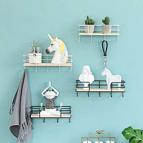 Amosfun Wall Decorations for Living Room Modern Wrought Iron Storage Rack Wall- Mounted Decorative Shelf Hanging Holder Organizer with Hooks (3 Hooks, Black)