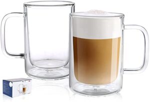 aquach double wall glass coffee mug 12 oz, large clear glass cup with handle set of 2, insulated tea mugs, water cups, juice cups, milk cups