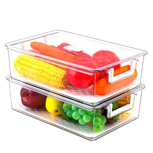 REFSAVER Refrigerator Food Storage Container Bin 2 Pack Fridge Trays with Foldable Lid Kitchen Organizer Produce Bin for Vegetables,Fruits,Snacks… (2 Pack)