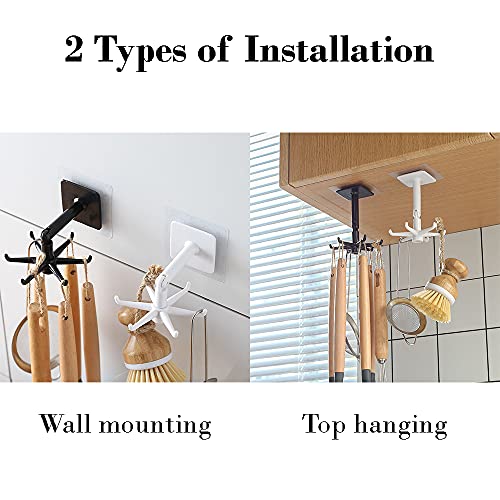 365Home Hanging Utensil Holder Hooks Kitchen Utensil Hanger Wall Mount 360 Degrees Rotating Folding Hook Self Adhesive Hook Utensil Rack with 6 Hooks for Kitchen Bathroom Cabinet (2 White)