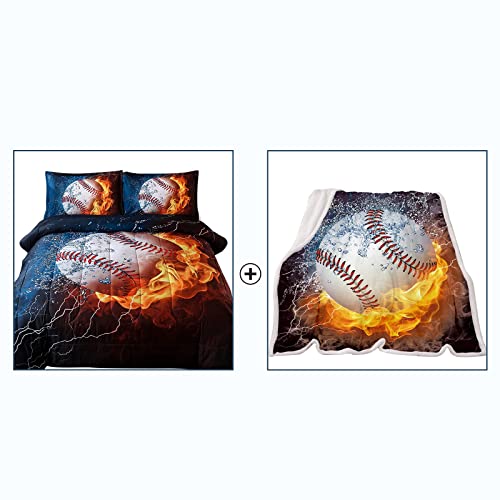 A Nice Night Baseball with Fire Print Comforter Quilt Set and Sherpa Fleece Blanket Twin Size Plush Throw Blanket Fuzzy Soft Blanket Microfiber