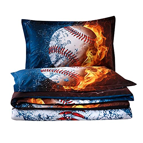 A Nice Night Baseball with Fire Print Comforter Quilt Set and Sherpa Fleece Blanket Twin Size Plush Throw Blanket Fuzzy Soft Blanket Microfiber