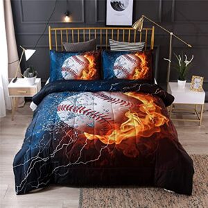 A Nice Night Baseball with Fire Print Comforter Quilt Set and Sherpa Fleece Blanket Twin Size Plush Throw Blanket Fuzzy Soft Blanket Microfiber