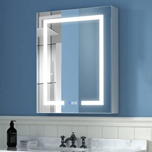 exbrite led lighted bathroom medicine cabinet with mirror, 24 x 30 inch, recessed or surface led medicine cabinet, defog, stepless dimming,color temper change, 2 outlets, storage shelves, left hinge