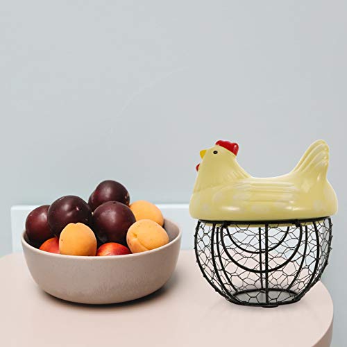 YARDWE Iron Egg Storage Basket Ceramic Chicken Shaped Mesh Wire Egg Holder Decorative Display Organizer Container for Vegetable Fruits Snacks Farmhouse Decor Yellow