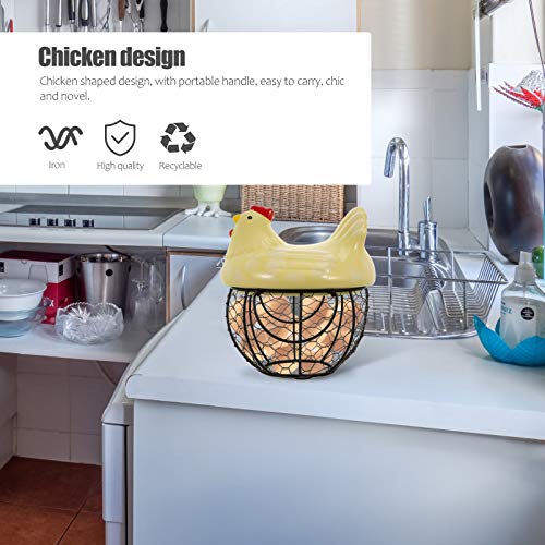 YARDWE Iron Egg Storage Basket Ceramic Chicken Shaped Mesh Wire Egg Holder Decorative Display Organizer Container for Vegetable Fruits Snacks Farmhouse Decor Yellow