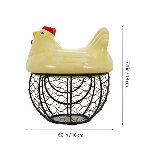 YARDWE Iron Egg Storage Basket Ceramic Chicken Shaped Mesh Wire Egg Holder Decorative Display Organizer Container for Vegetable Fruits Snacks Farmhouse Decor Yellow