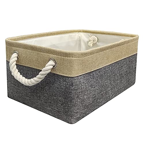 Protecu Storage Basket Bins Organizer Fabric Toy Basket with Handles | Large Baskets for Organizing Gifts Empty Shelves Closet (Beige & Grey, 16.1x12.2x7.9 inch)