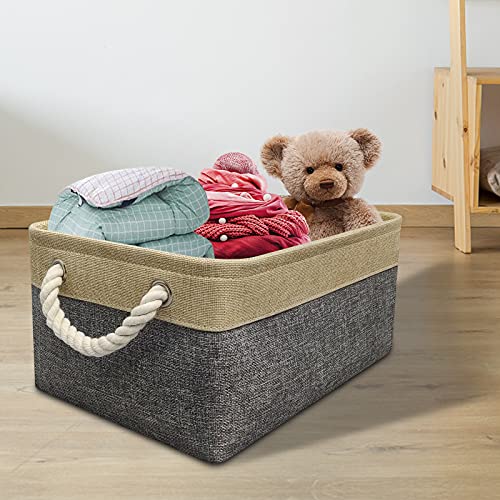 Protecu Storage Basket Bins Organizer Fabric Toy Basket with Handles | Large Baskets for Organizing Gifts Empty Shelves Closet (Beige & Grey, 16.1x12.2x7.9 inch)